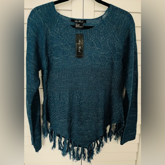 Anne French | Sweaters | New Anne French Vstyle Fringe Hem Blue Boho ...